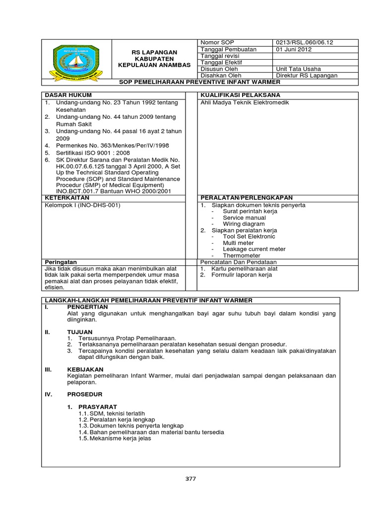 SOP Pemeliharaan Infant Warmer | PDF