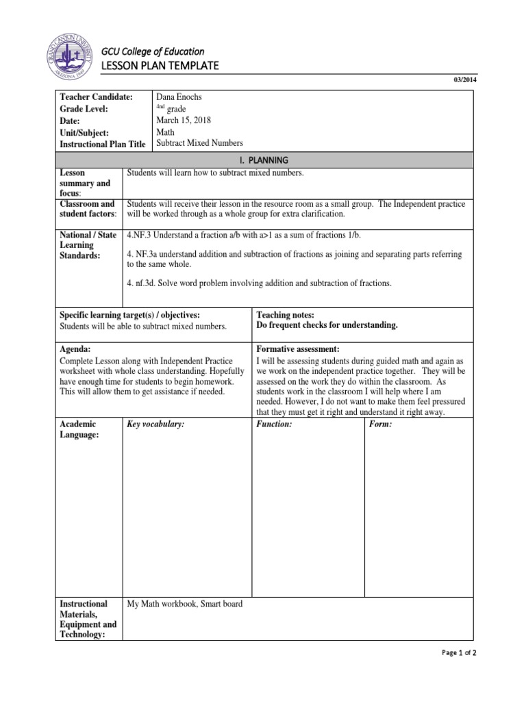 Lesson Plan Template: GCU College of Education | PDF | Educational ...