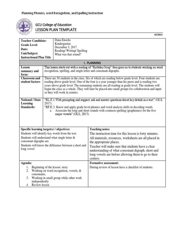 Lesson Plan Template: GCU College of Education | PDF | Phonics ...