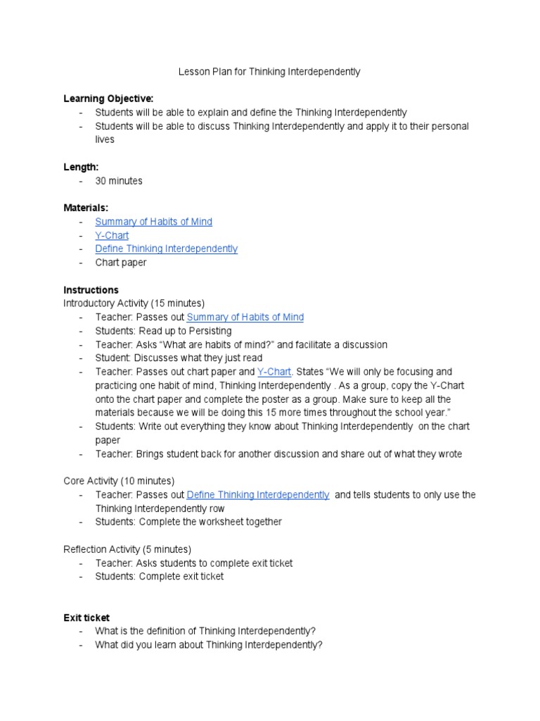 Lesson Plan - Thinking Interdependently | PDF | Career & Growth