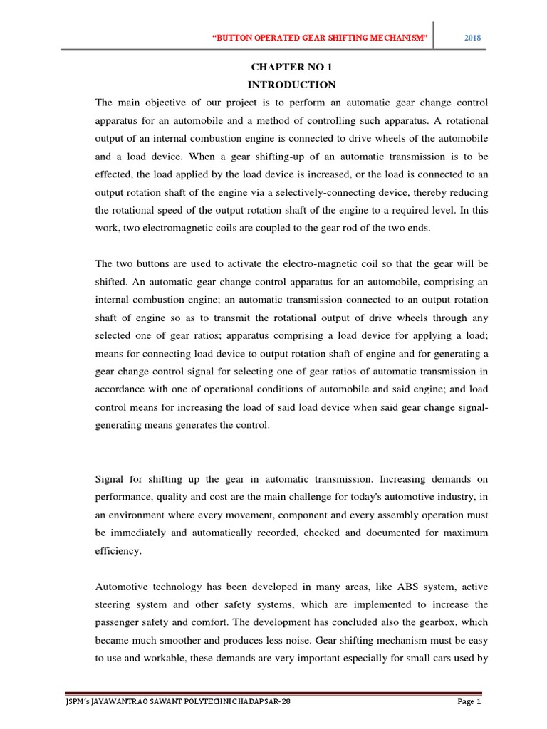 Chapter No 1: "Button Operated Gear Shifting Mechanism" | PDF | Bearing ...