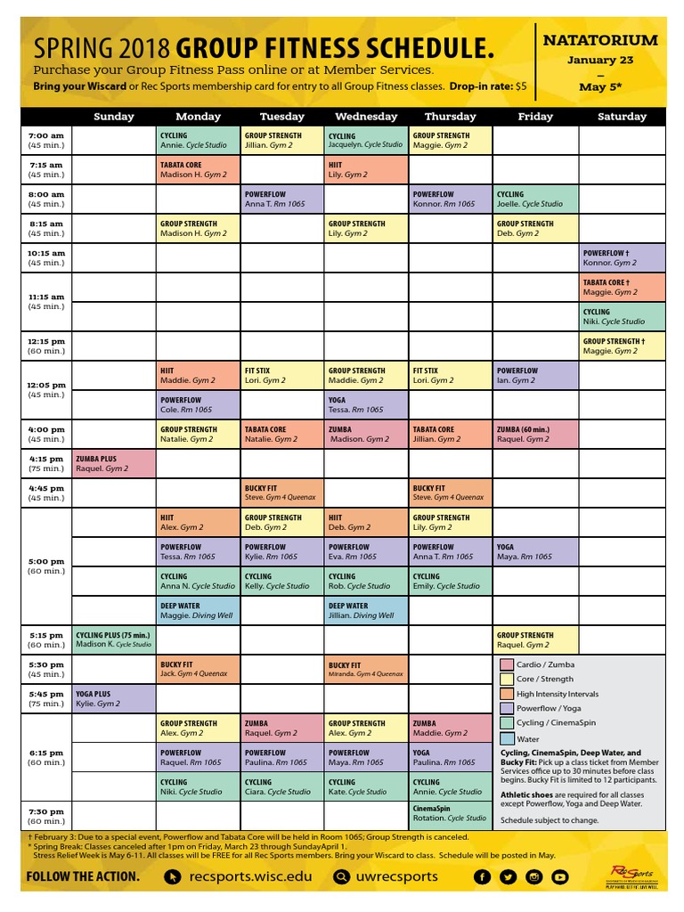 Spring 2018 Fitness Class Schedule | PDF | Leisure | Sports