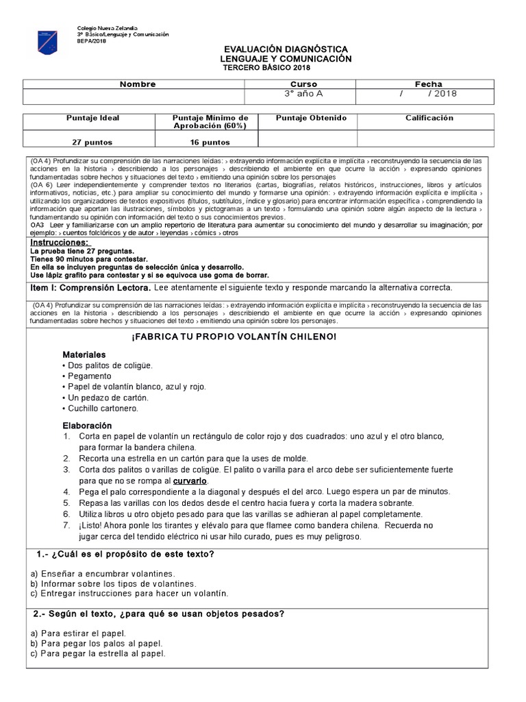 Evaluación Diagnóstica Lenguaje 3° Básico | PDF | Comprensión lectora ...