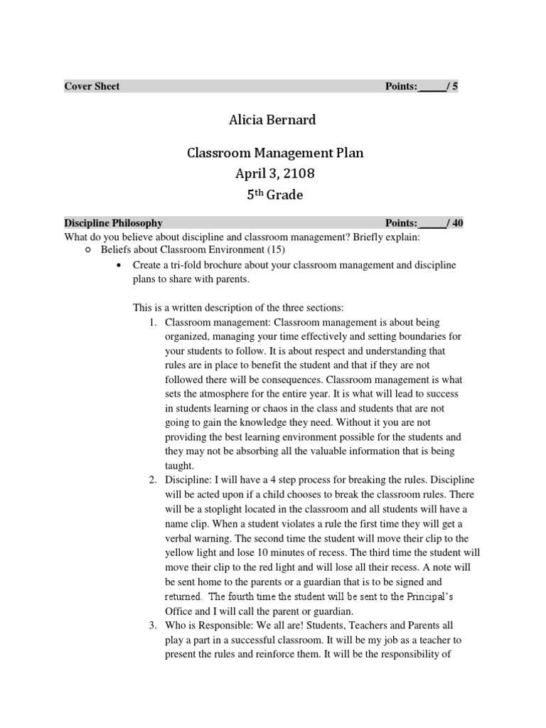 Alicia Bernard Classroom Management Plan April 3, 2108 5 Grade | PDF ...