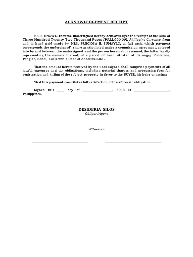 Acknowledgement Receipt: Three Hundred Twenty Two Thousand Pesos ...