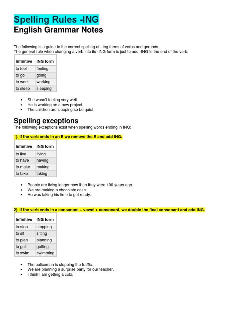 Du Lesson - 'Ing' Spelling Rules (Used in Present Continuous) | PDF ...