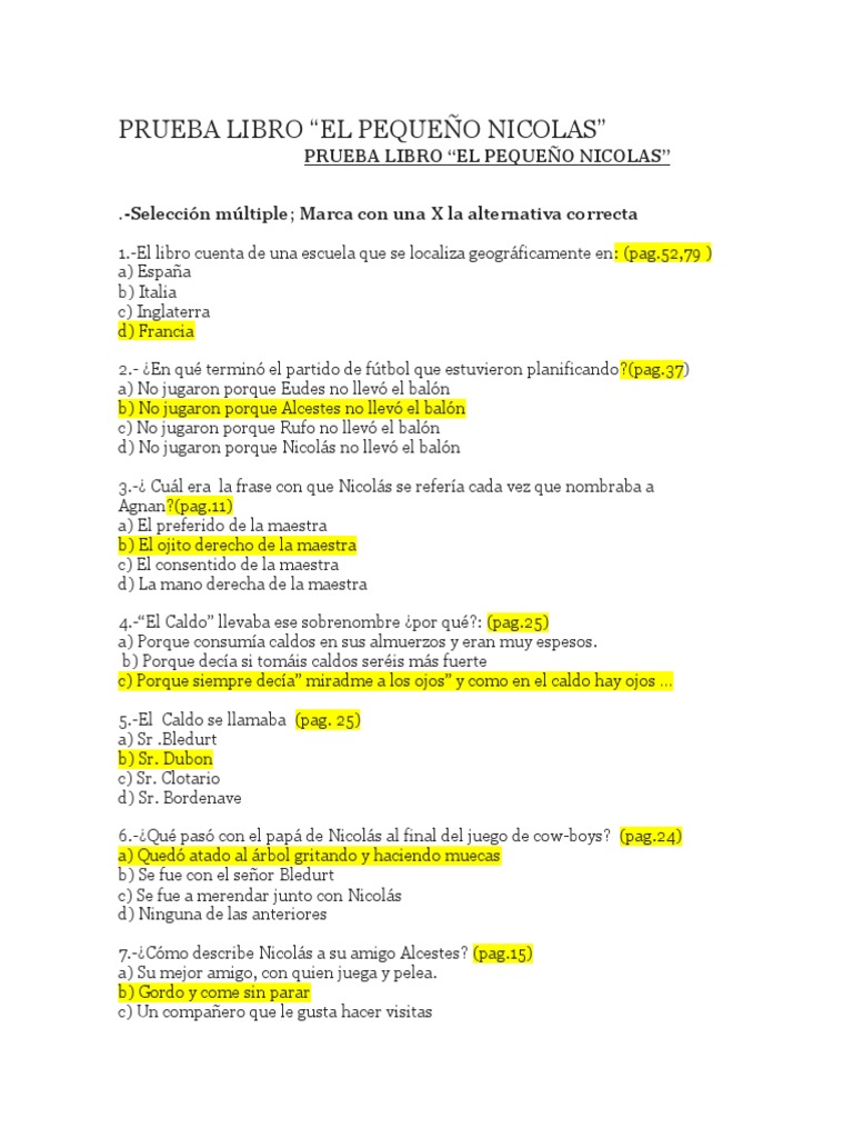 PRUEBA LIBRO El Pequeño Nicolas (Respuestas) | PDF