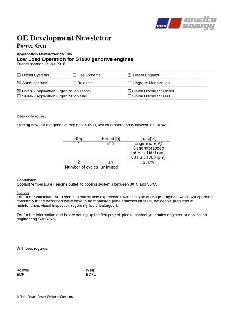 Low Load Operation for S1600 Engines | PDF | Diesel Engine | Vehicle Parts