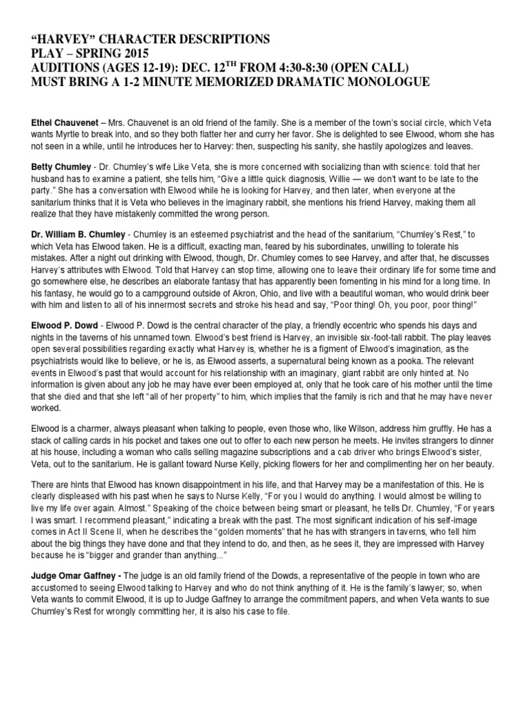 "Harvey Character Descriptions for Auditions" | PDF