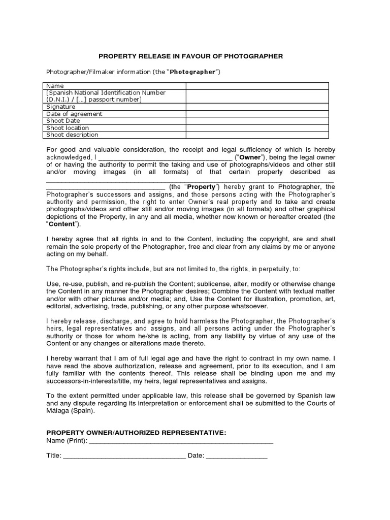 Property Release in Favour of Photographer | PDF | Photographer ...