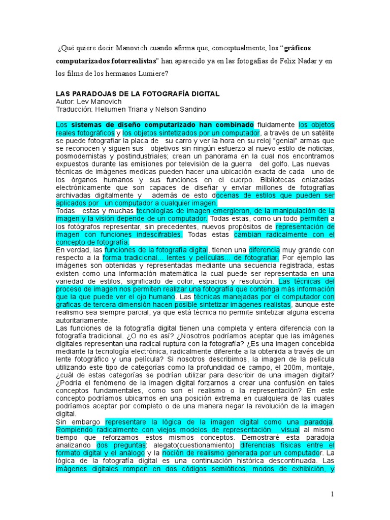 Lev Manovich (1995) Las Paradojas de La Fotografía Digital | PDF ...