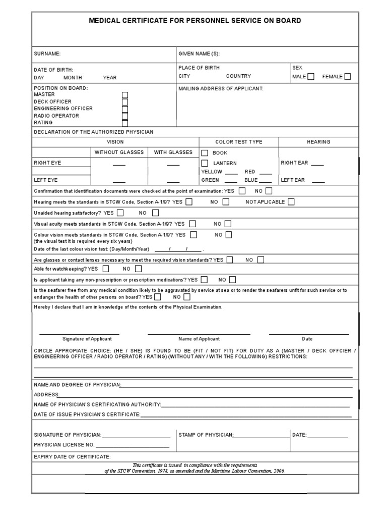 Medical Certificate For Personnel Service On Board | PDF | Glasses | Vision
