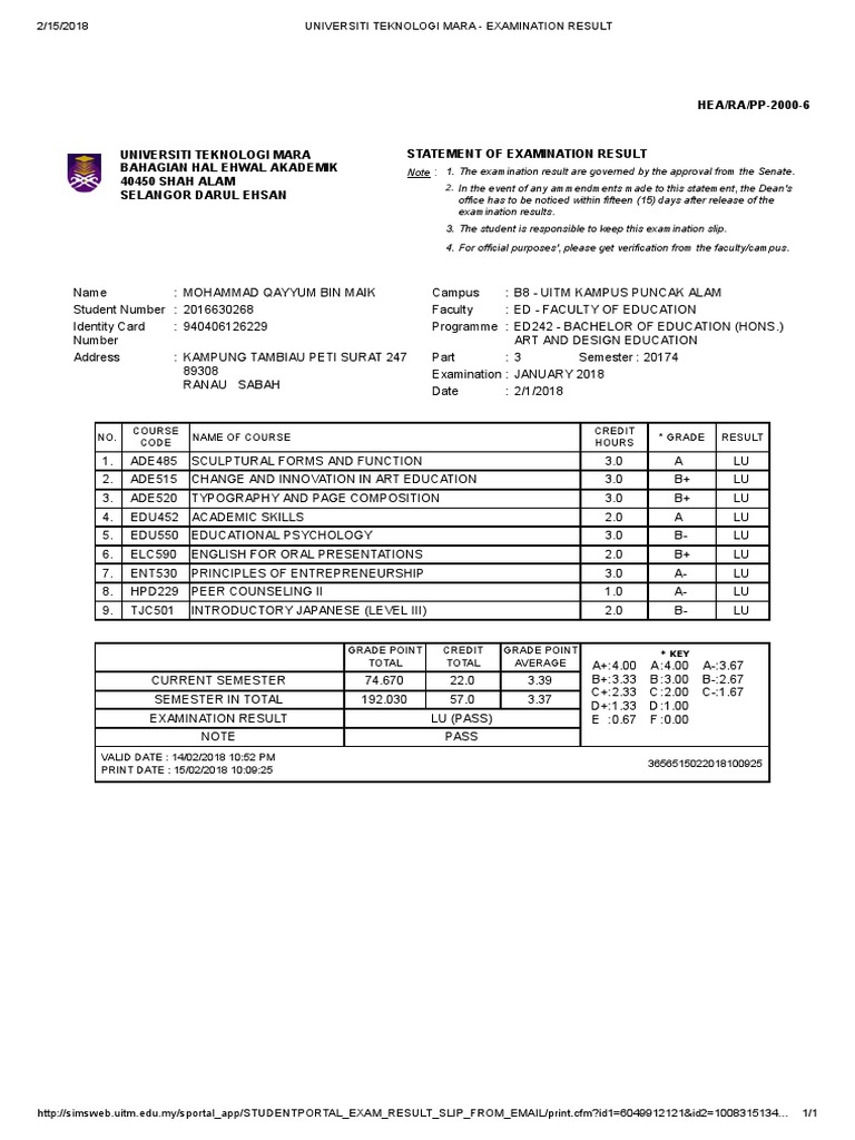 UITM January 2018 Exam Results | PDF | Academia | Behavior Modification