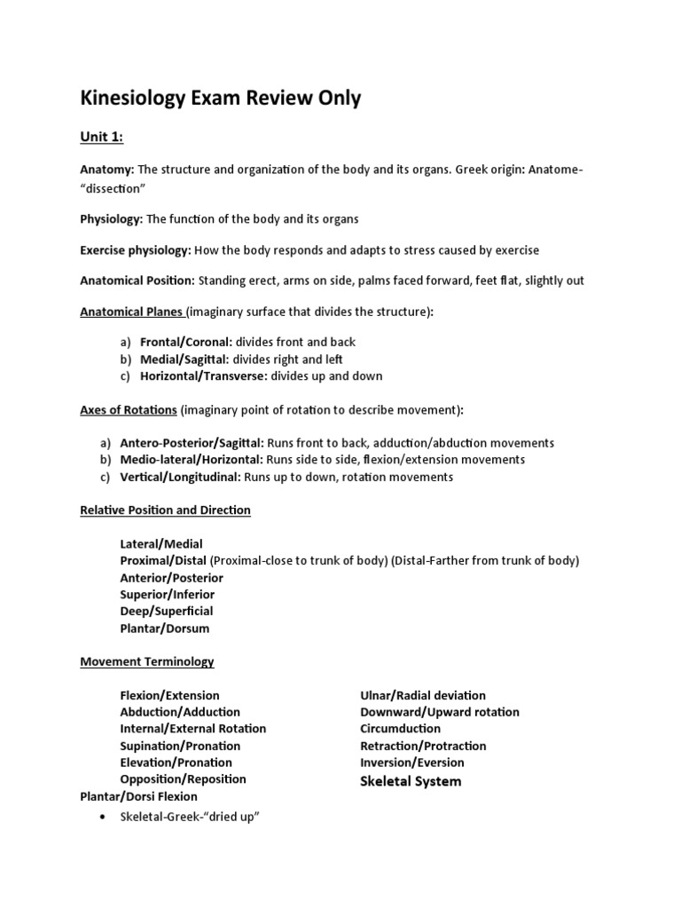 Kinesiology Exam Review Guide | PDF | Anatomical Terms Of Motion | Bone