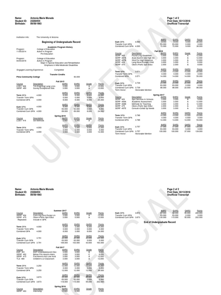 University of Arizona Transcript | PDF