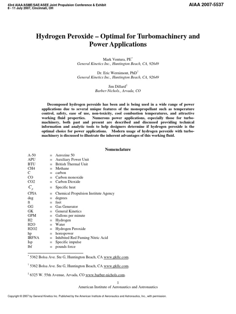 Hydrogen Peroxide-Optimal For Turbo Machinery and Power Applications ...