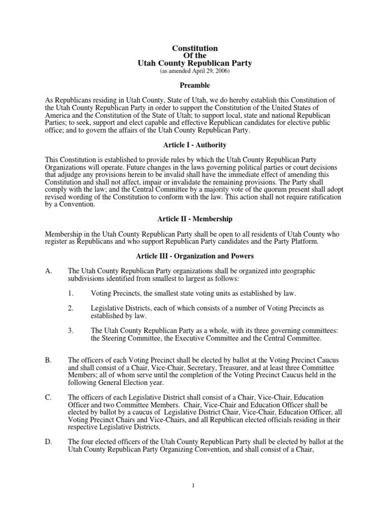 Constitution of The Utah County Republican Party: Preamble | PDF ...