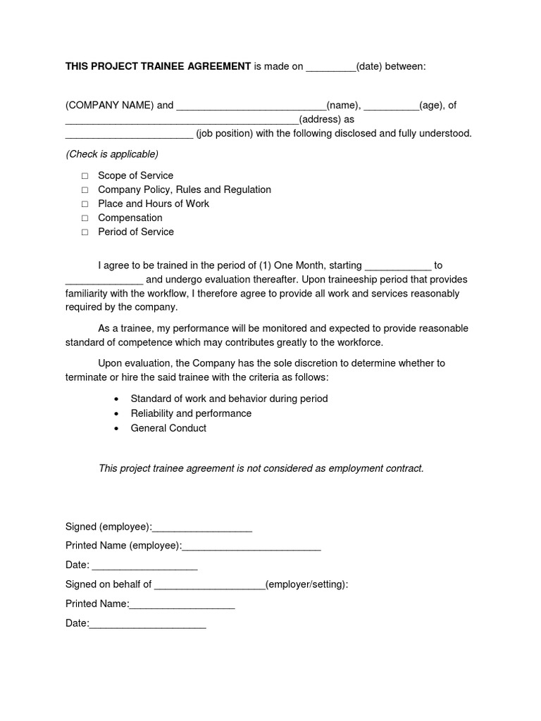 THIS PROJECT TRAINEE AGREEMENT Is Made On - (Date) Between | PDF ...