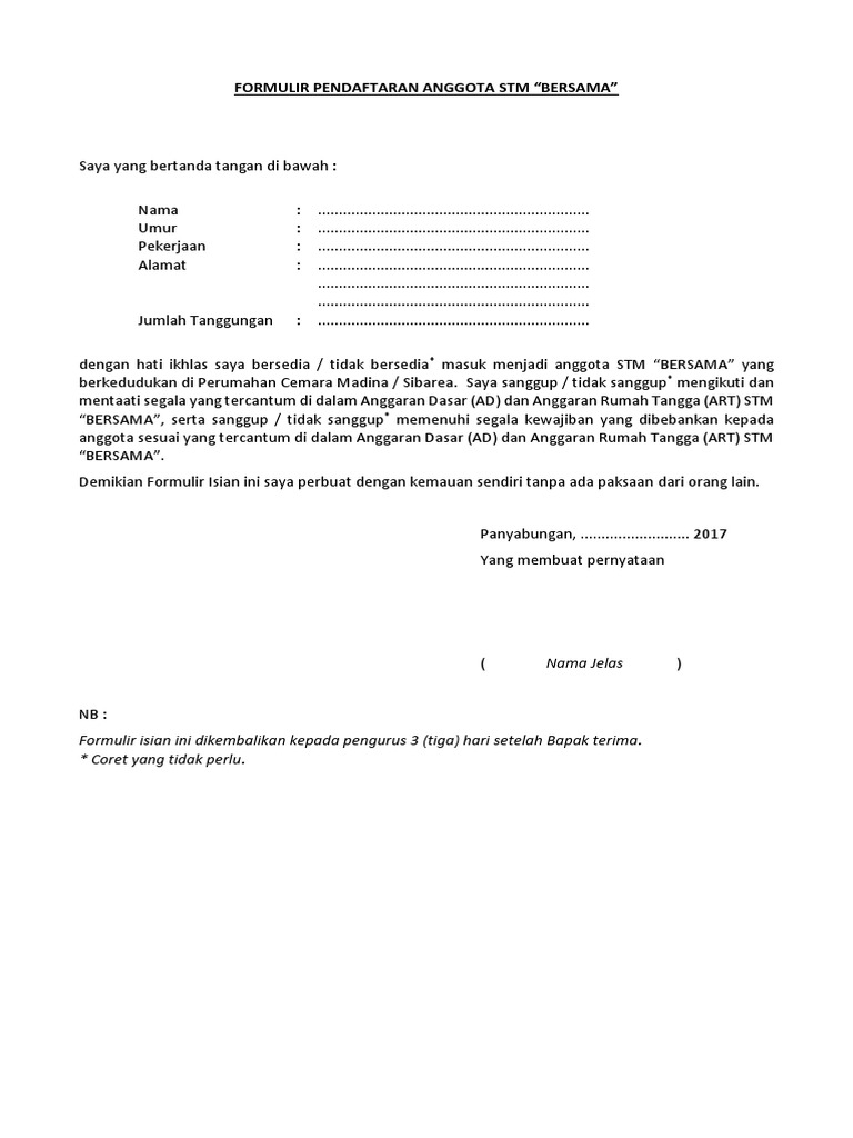 Formulir Pendaftaran Anggota STM | PDF