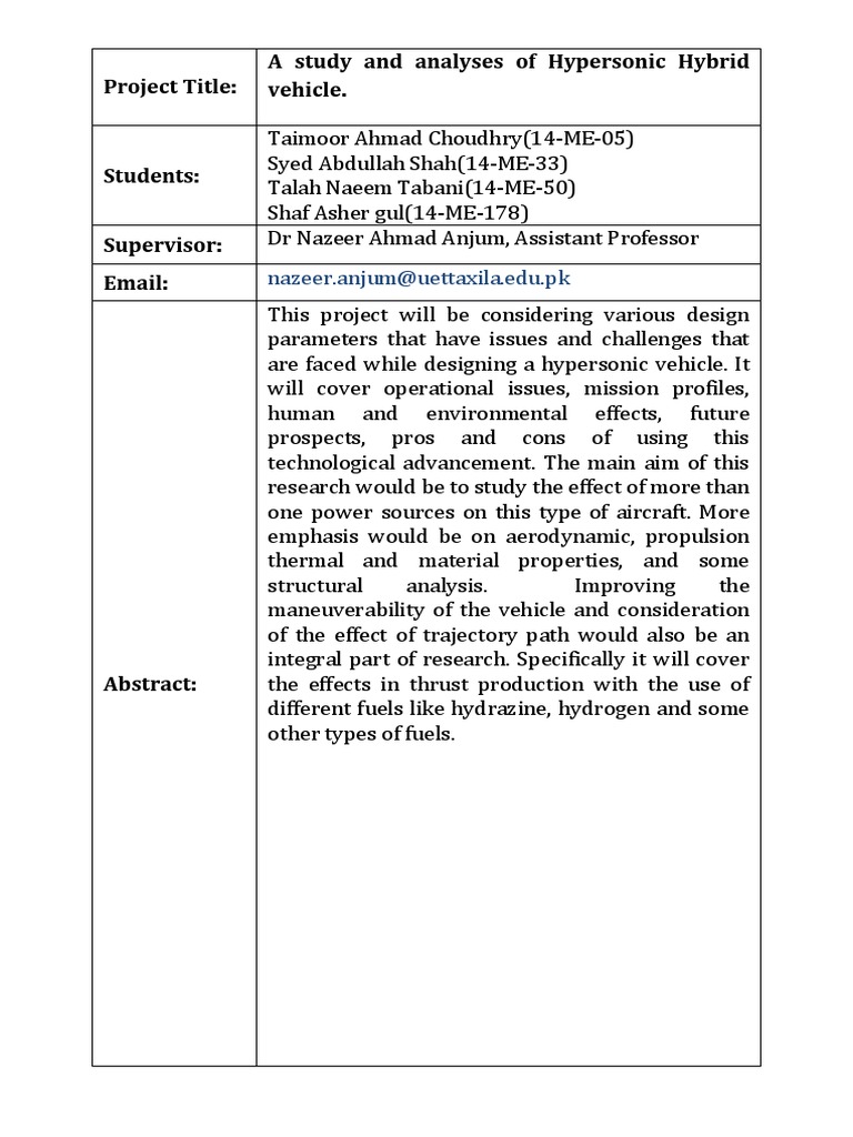 Project Title: A Study and Analyses of Hypersonic Hybrid Vehicle | PDF