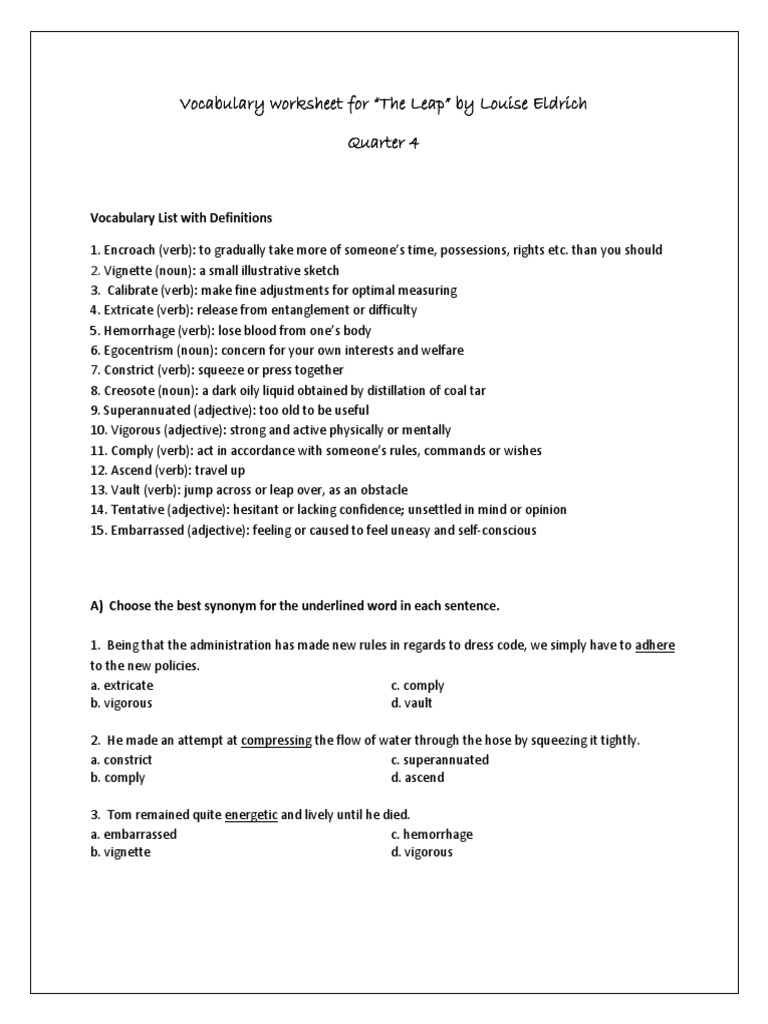 Vocabulary Worksheet For The Leap | PDF | Verb