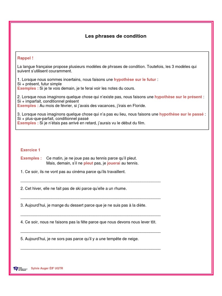 Les phrases de condition Exercices et corrige.pdf | Nourritures | Loisirs