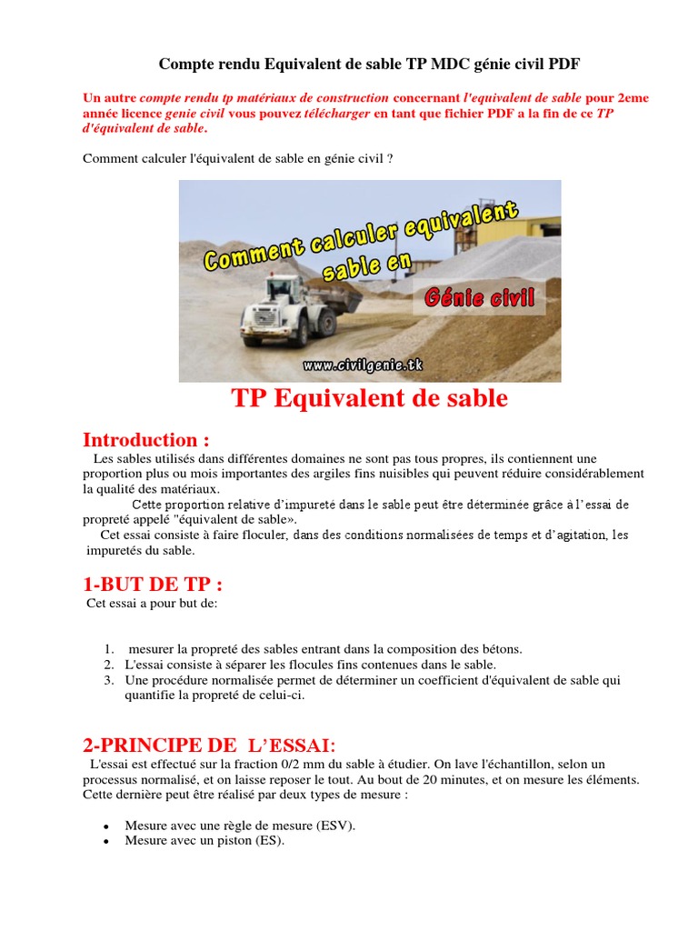 Compte Rendu Equivalent de Sable TP MDC Génie Civil PDF