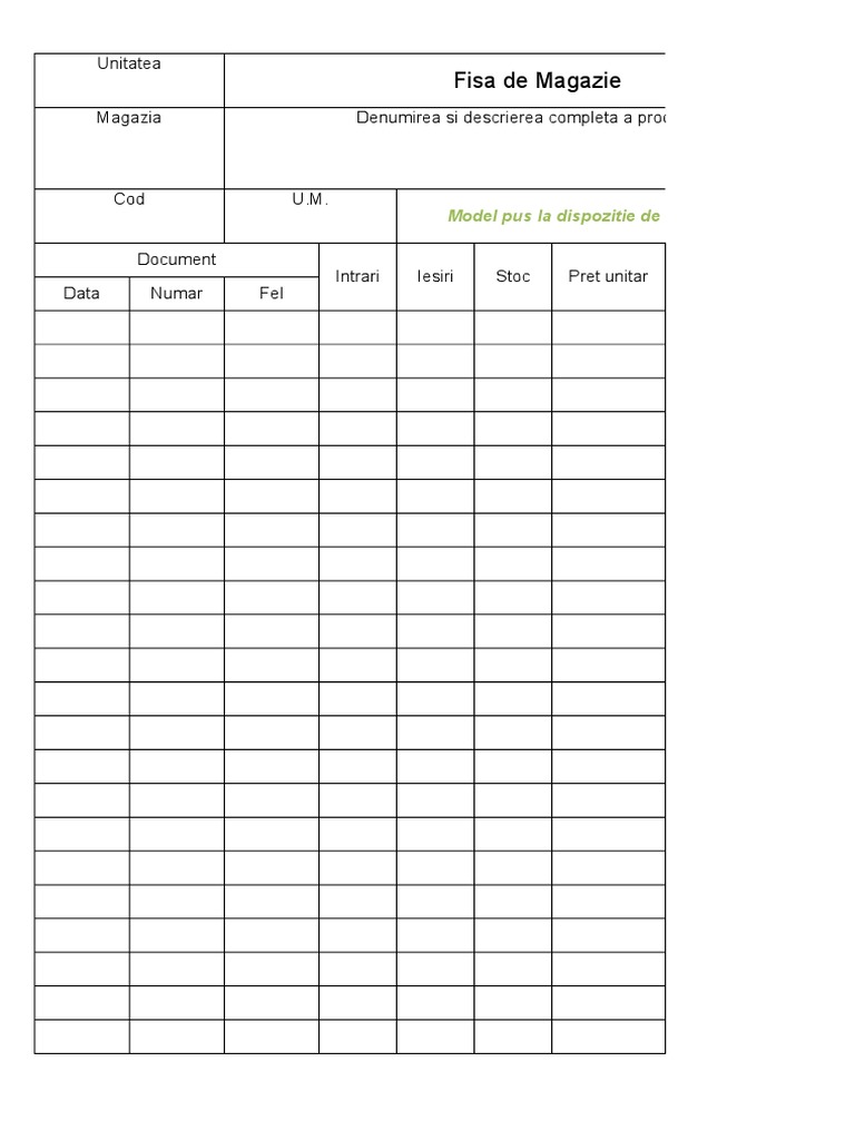 Model Fisa de Magazie in Excel
