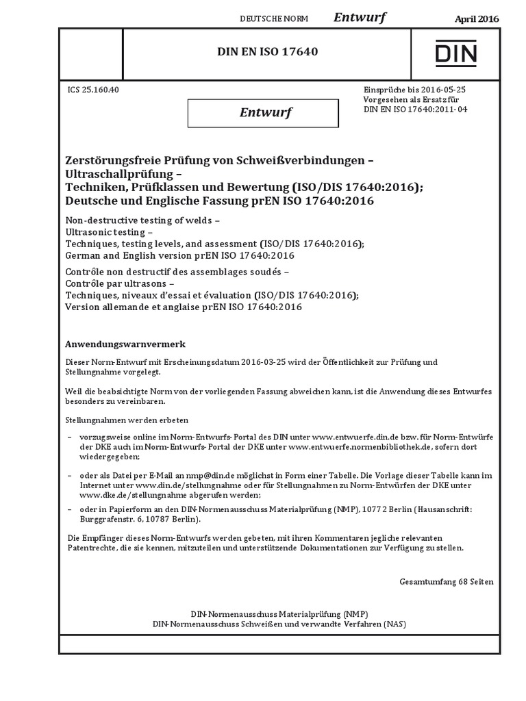 DIN en ISO 17640 E 2016-04 Principios para Soldadura | PDF