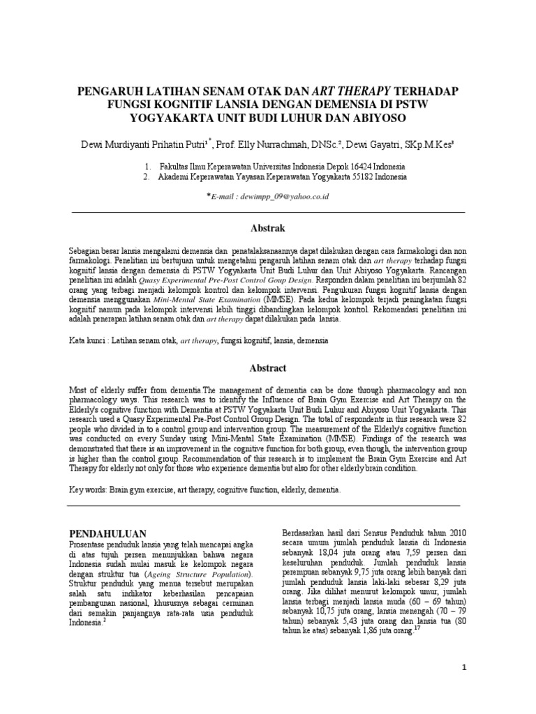 Pengaruh Senam Otak Dan Art Teraphy Terhadap Fungsi Kognitif Pada Lansia Dengan Demensia | PDF