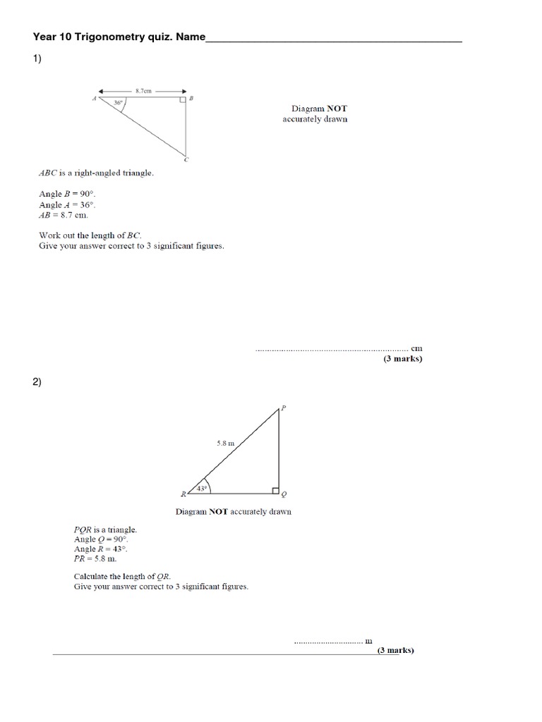 Year 10 Trigonometry Quiz | PDF