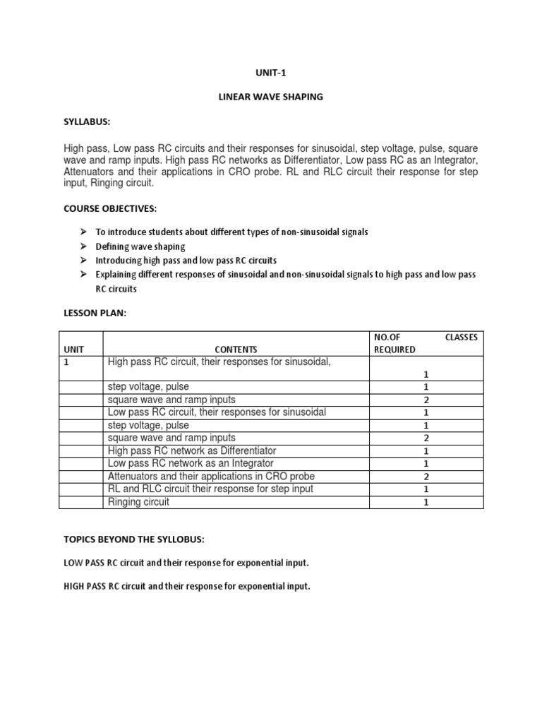 UNIT-1 Linear Wave Shaping Syllabus | PDF | Transistor | Low Pass Filter