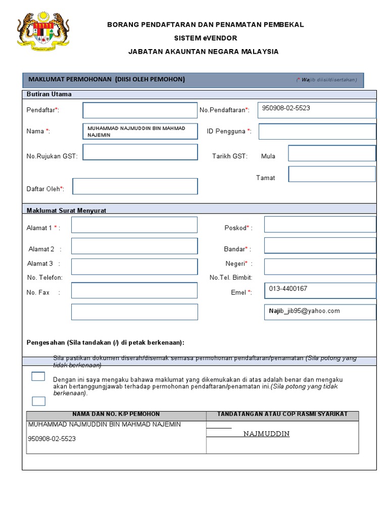 Borang Pendaftaran Penamatan Pembekal | PDF