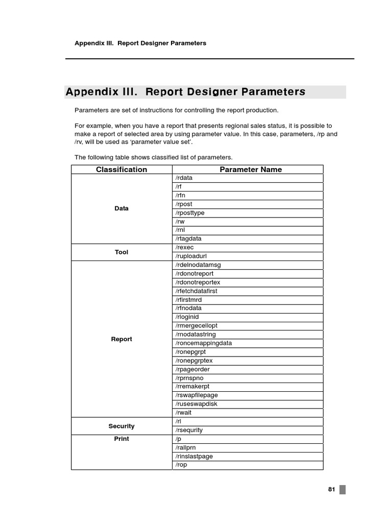 Report Designer Manual 18 Appendix III PDF | PDF | Comma Separated Values | Parameter (Computer ...