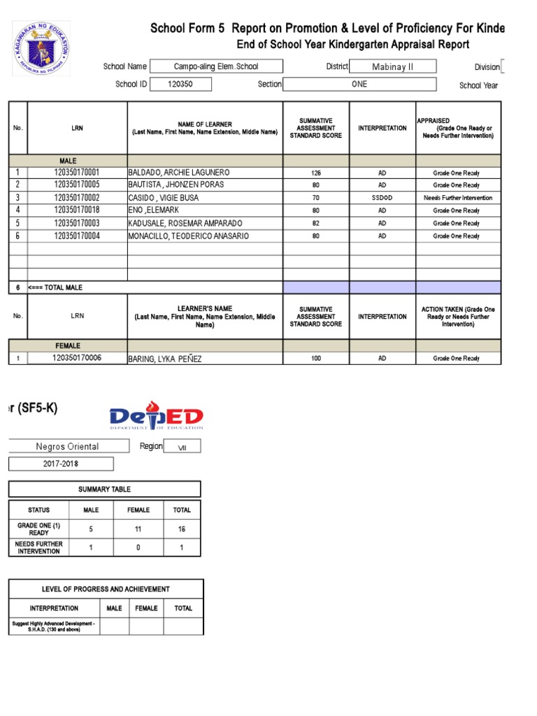 School Form 5 SF5K Report On Promotion and Level of Proficiency For ...