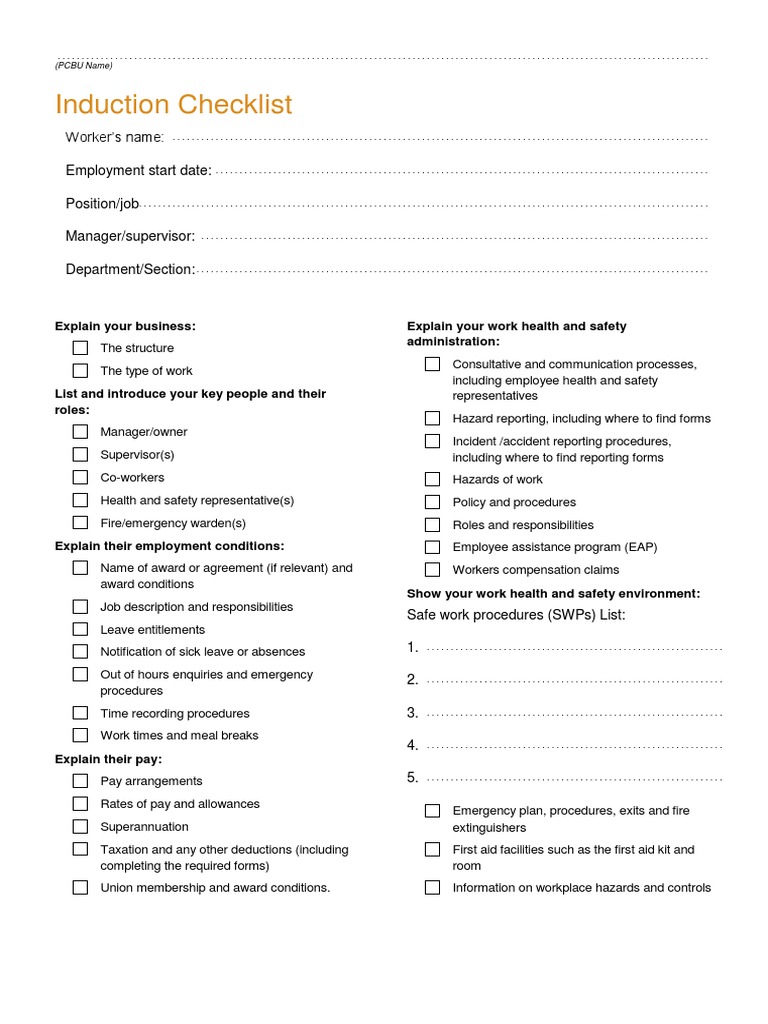 Induction Checklist: Worker's Name: Employment Start Date: Position/job ...