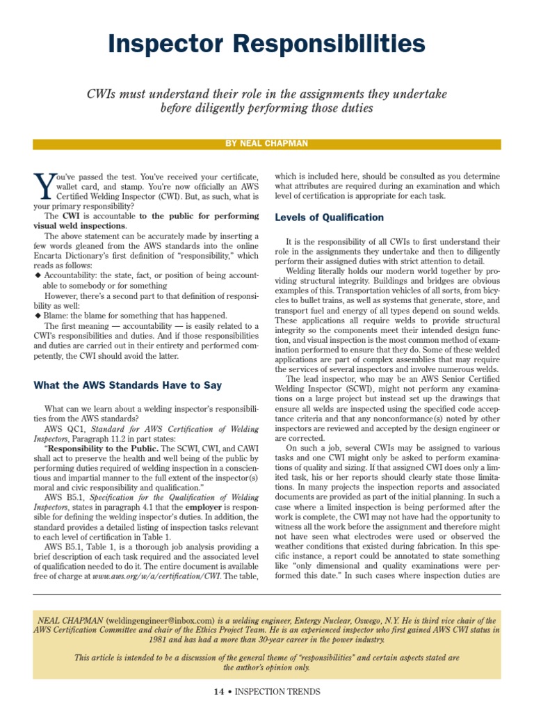 AWS CWI Inspector Responsibilities | PDF | Welding | Construction