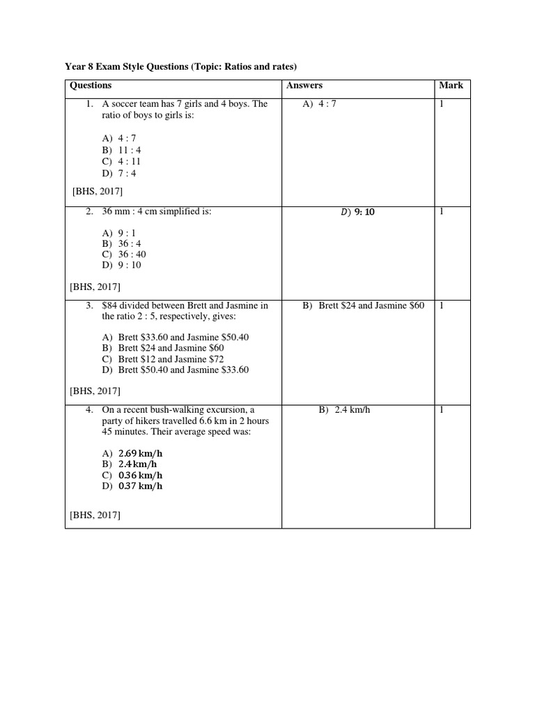 Year 8 Exam Style Questions | PDF | Speed | Nature