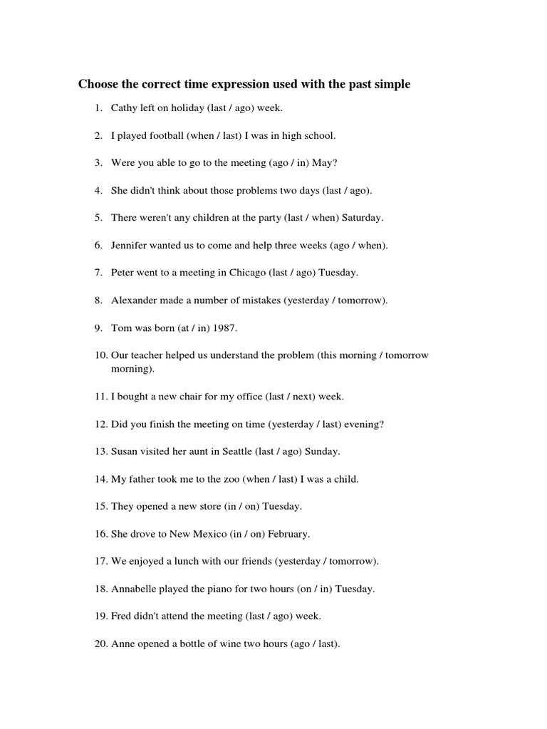 Choose The Correct Time Expression Used With The Past Simple | PDF