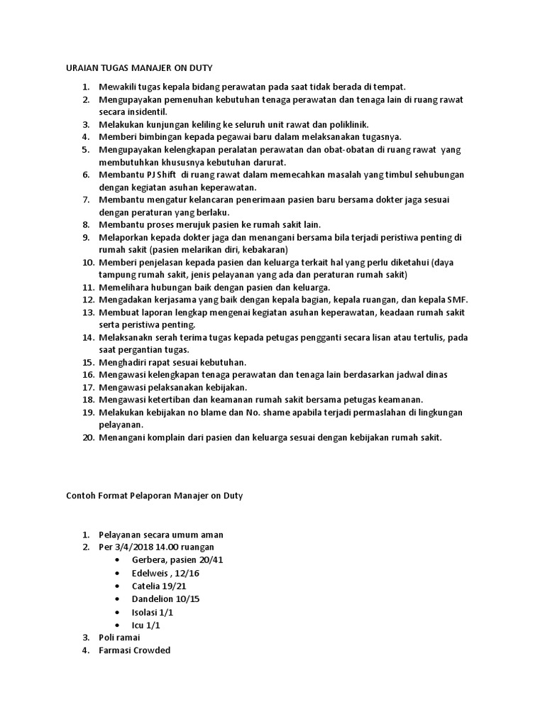 Uraian Tugas Manajer On Duty Rs XXX | PDF