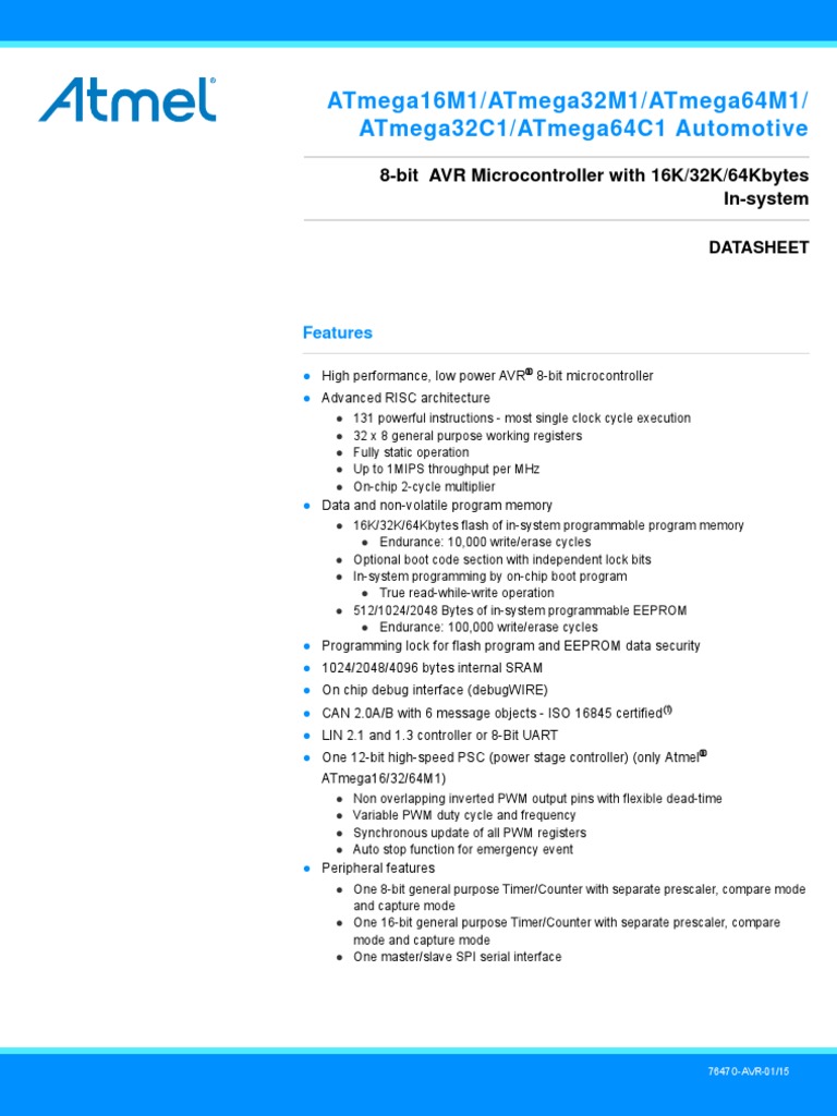 Atmel 7647 Automotive Microcontrollers ATmega16M1 32M1 64M1 32C1 64C1 ...