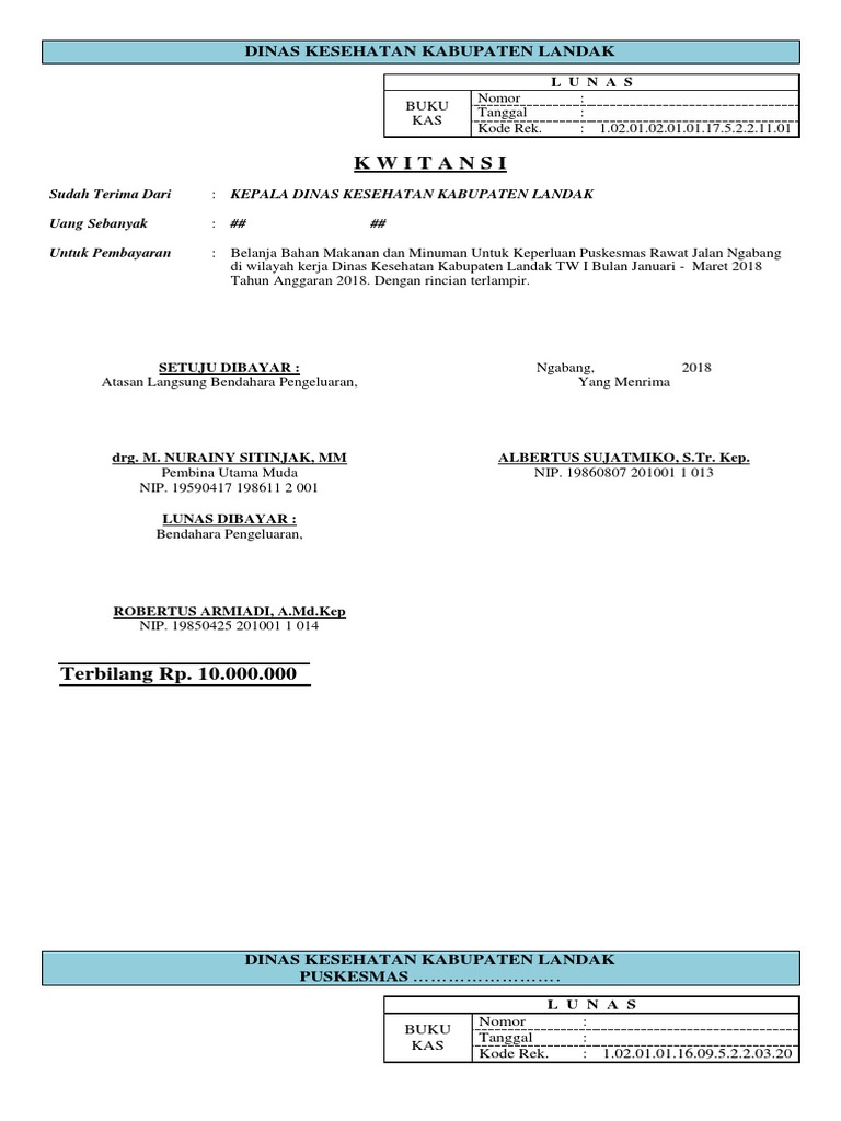 Kwitansi Makan Minum Pasien Umum Dan Bpjs 2018 | PDF