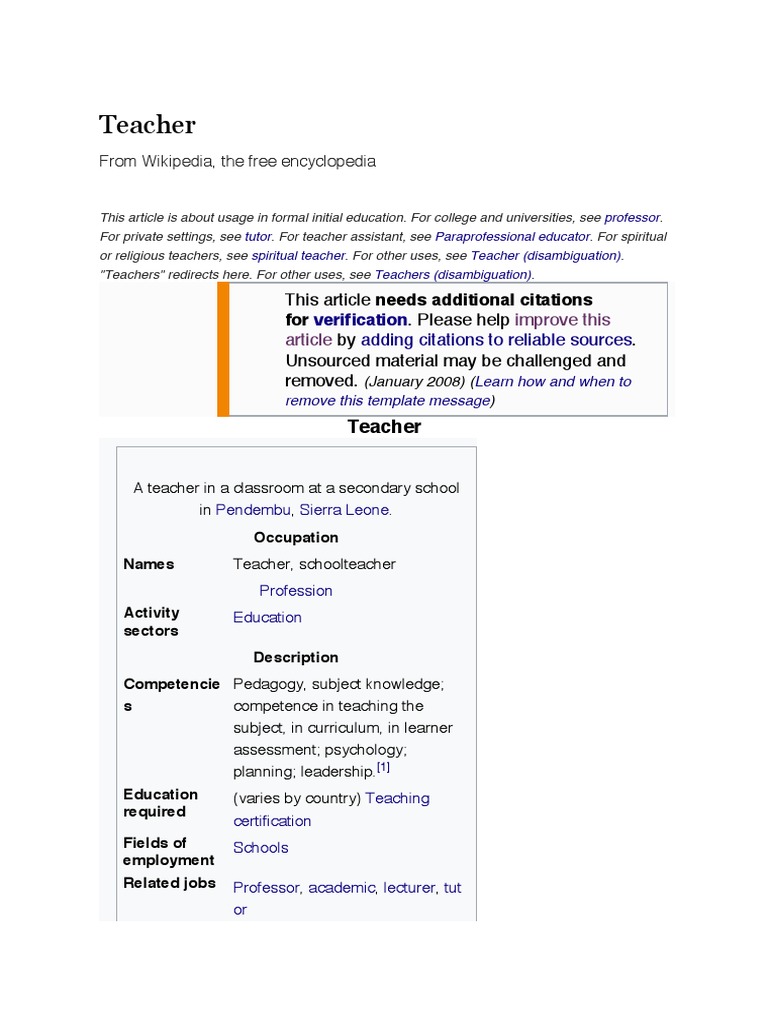 Teacher: From Wikipedia, The Free Encyclopedia | PDF | Teachers | Schools