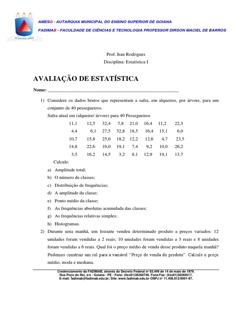 Estatística I | PDF | Modo (Estatística) | Números