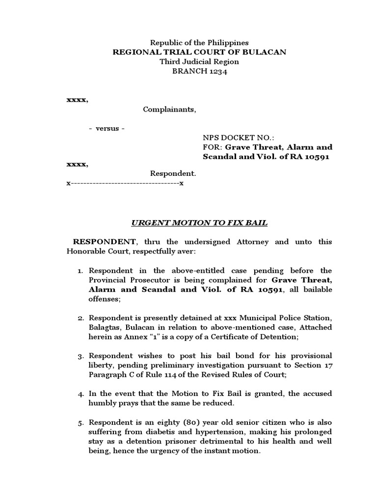 Regional Trial Court of Bulacan: Urgent Motion To Fix Bail | PDF