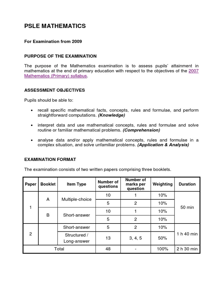 Psle Mathematics: For Examination From 2009 | PDF | Teaching ...