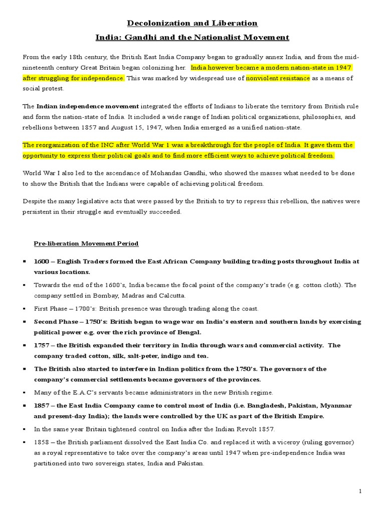 (Handout) India Gandhi and The Nationalist Movement | PDF | Indian ...