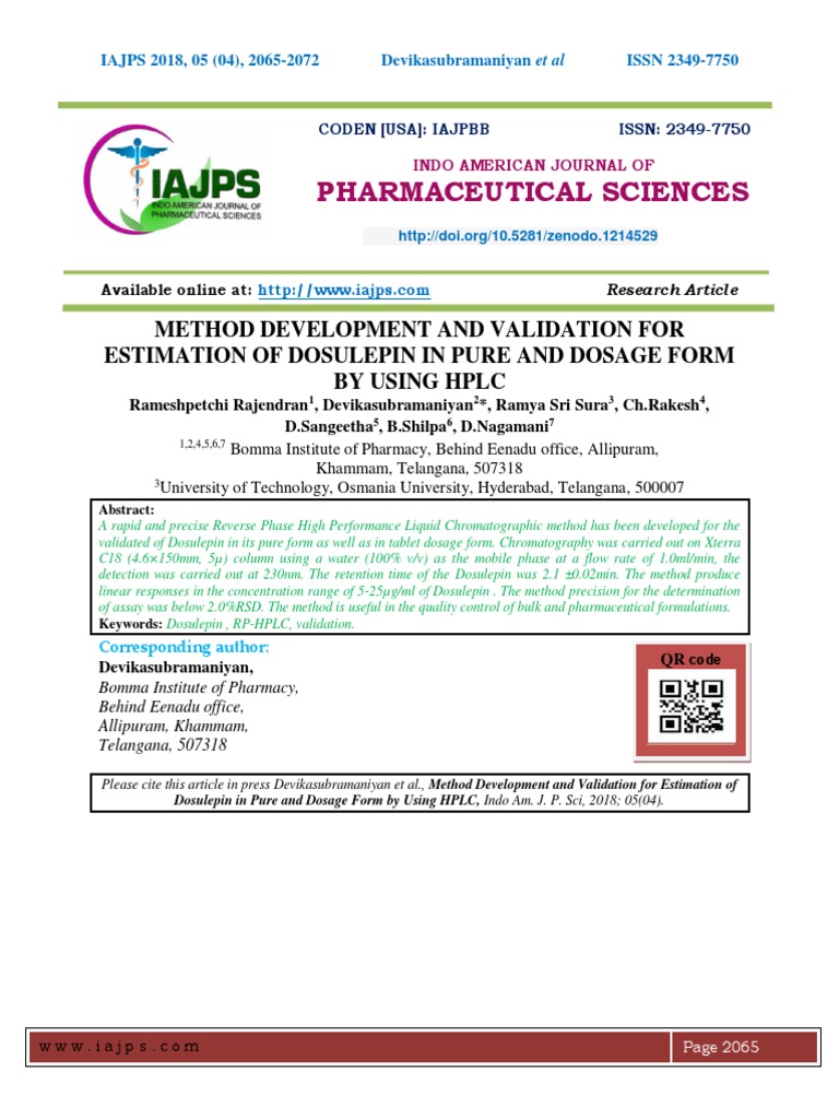 Method Development and Validation For Estimation of Dosulepin in Pure ...