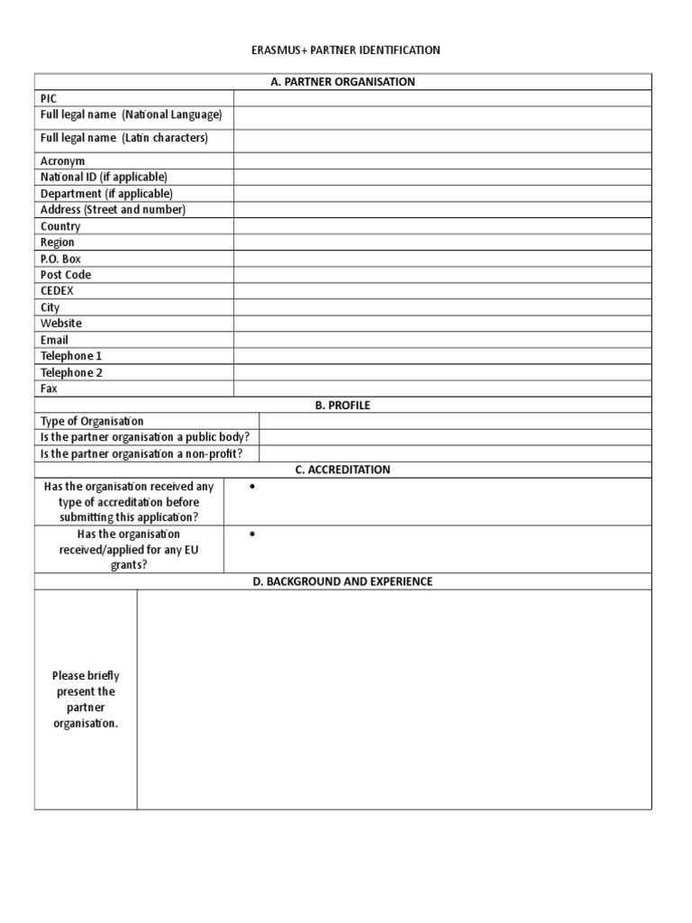 Erasmus+ Partner Identification Form | PDF