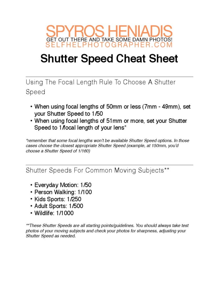 SHP Shutter Speed Cheat Sheet | PDF